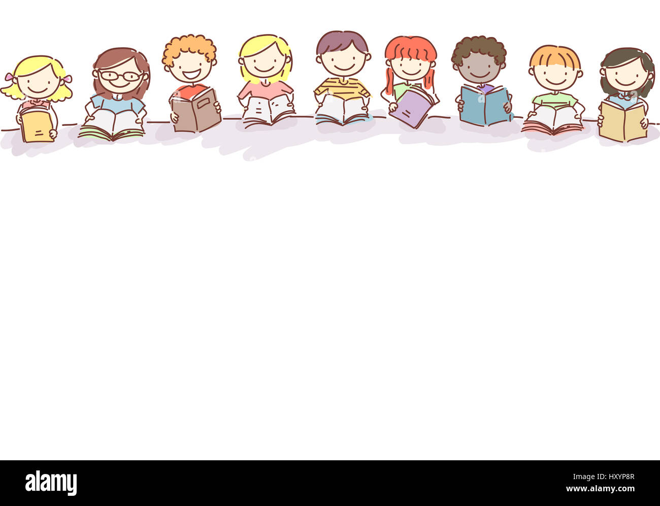 Doodle Illustration of Little Kids Reading Books Stock Photo - Alamy
