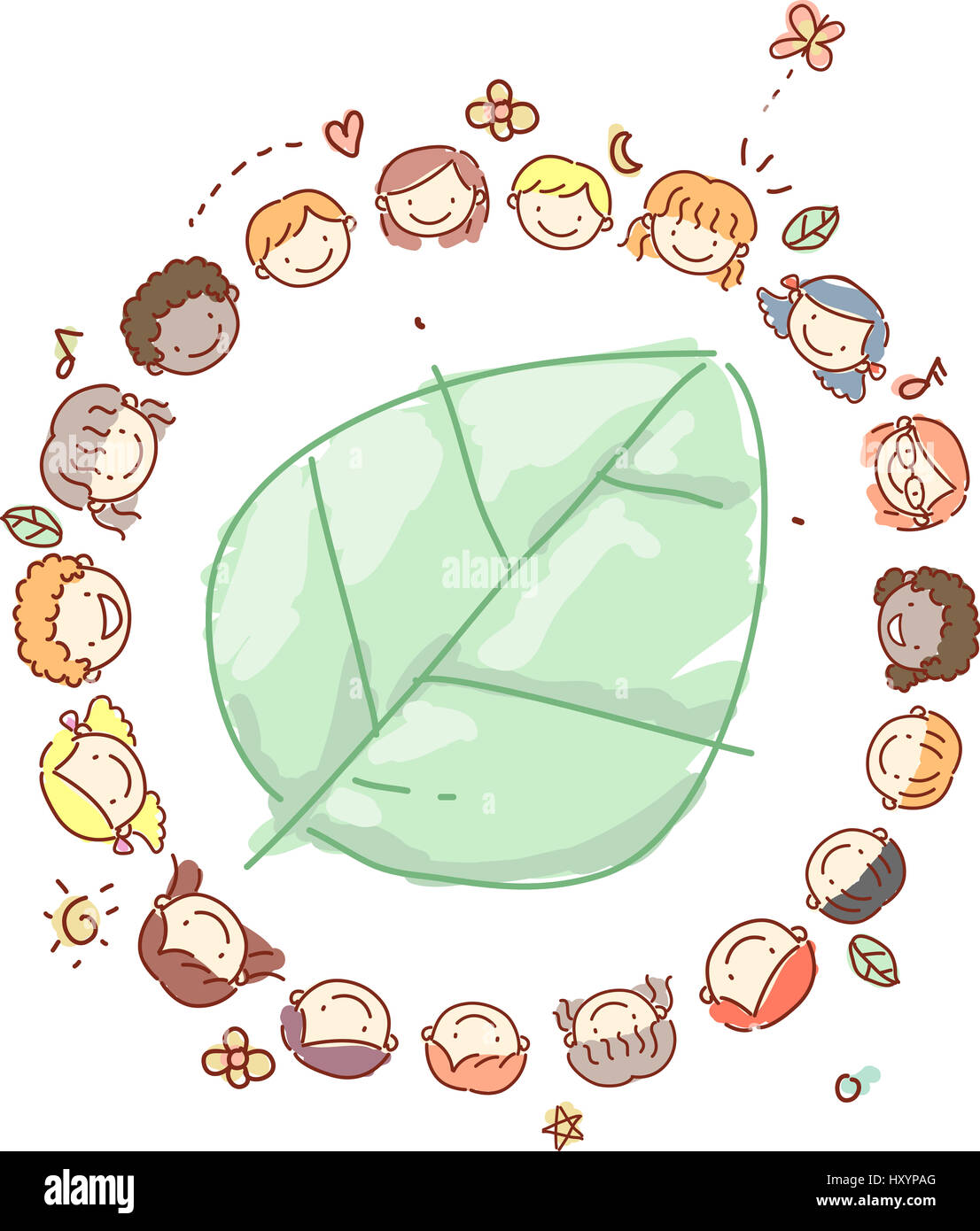 Doodle Illustration of Kids Surrounding a Leaf Stock Photo - Alamy