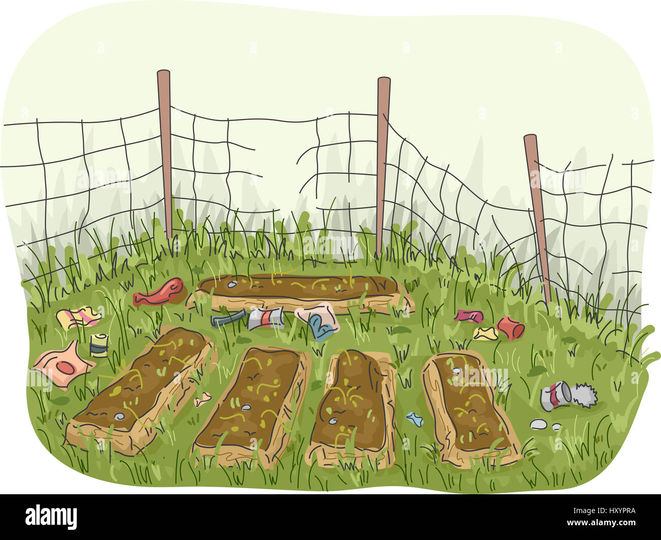 Illustration of an Abandoned Garden with Garbage Scattered All Around ...