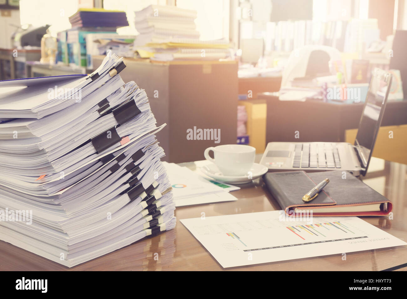 Business Concept, Pile of unfinished documents on office desk, Stack of ...