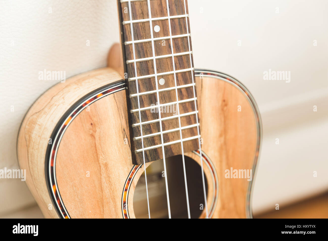 New, upscale ukulele with four strings and unique, textured wood grain ...