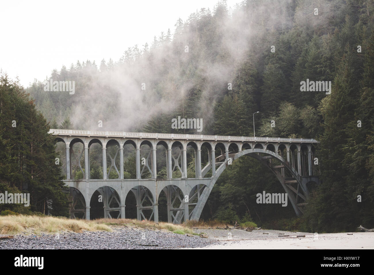 Gothic style bridge in foggy forest mountains of the Oregon coast ...