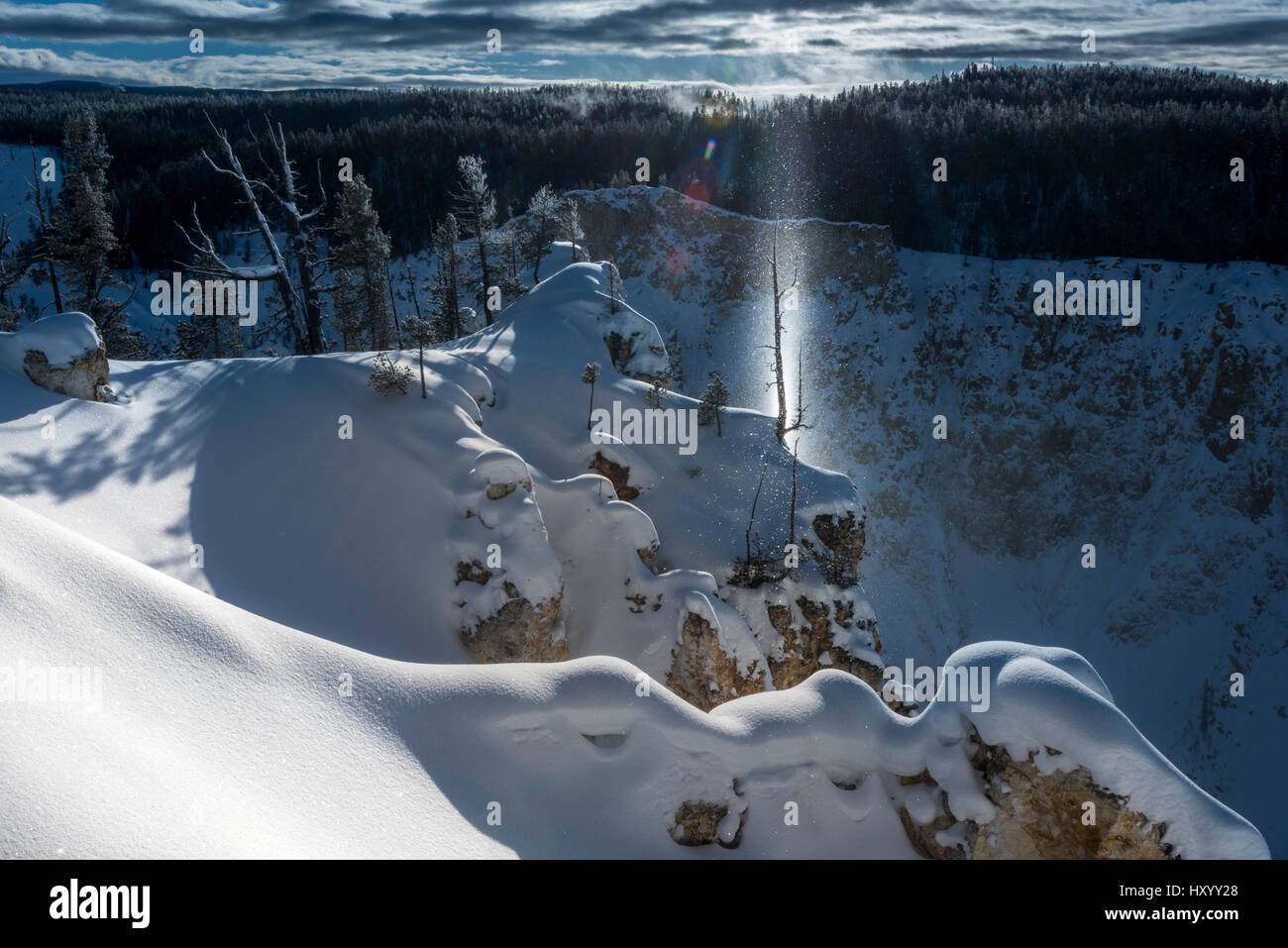 Sun beam created by reflections from ice crystals in air at sun rise ...