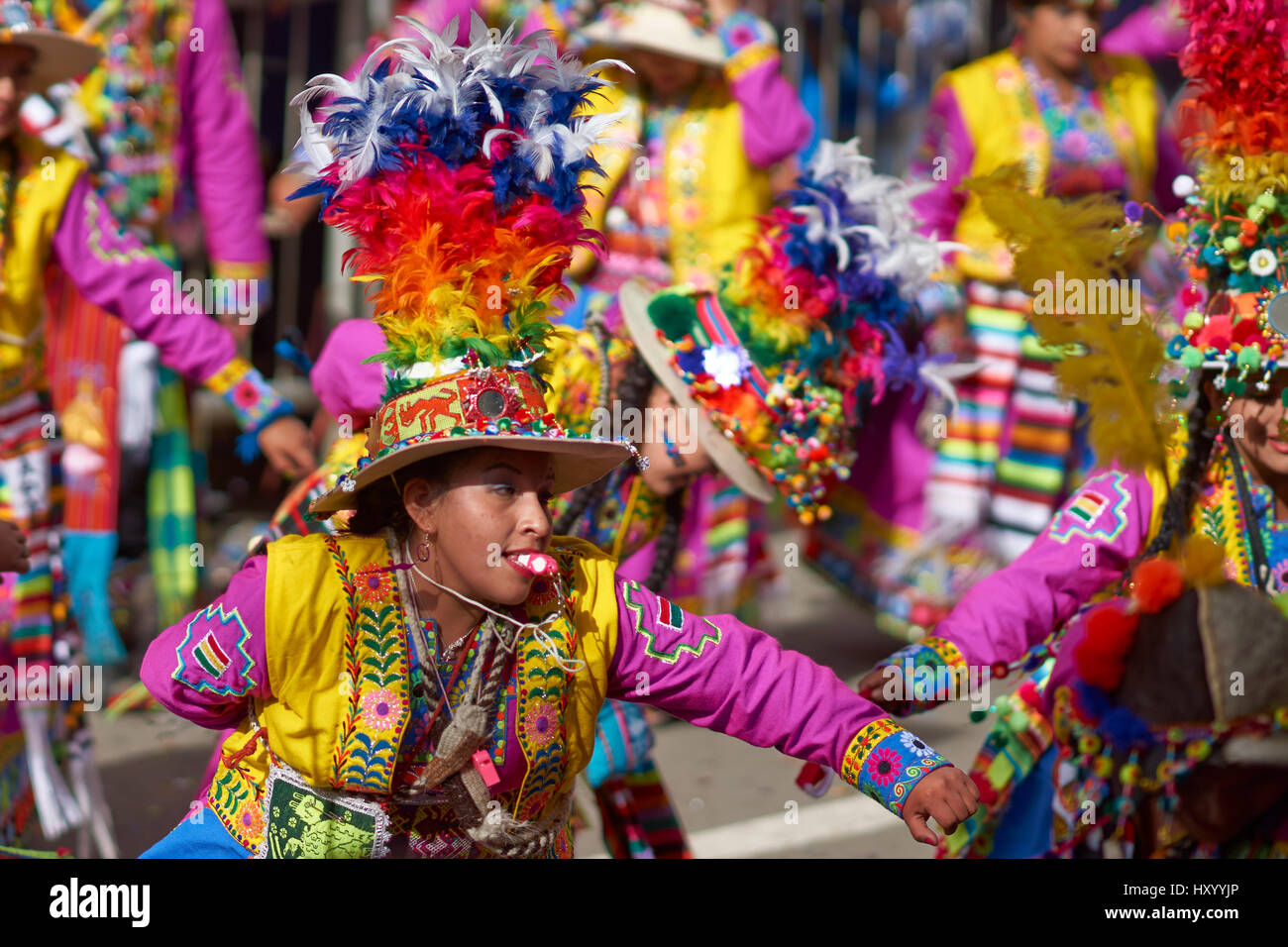 Tinkus dancers in colourful costumes performing at the annual Oruro ...