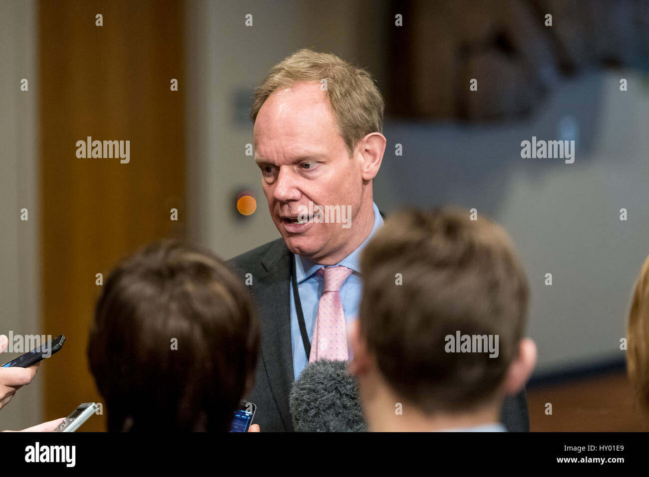 New York, USA. 30th Mar, 2017. Ambassador Matthew Rycroft speaks with ...