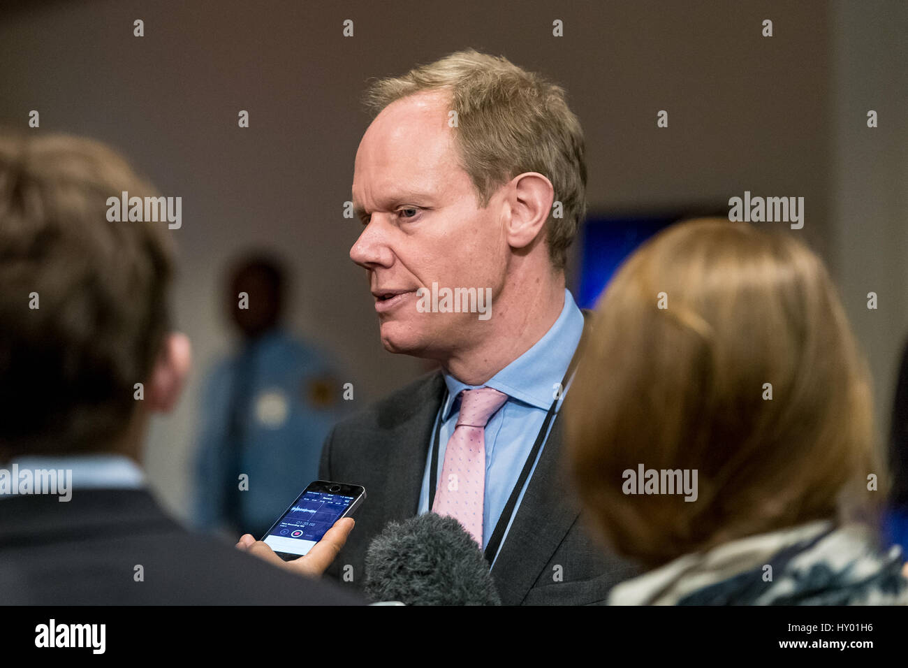 New York, USA. 30th Mar, 2017. Ambassador Matthew Rycroft speaks with ...