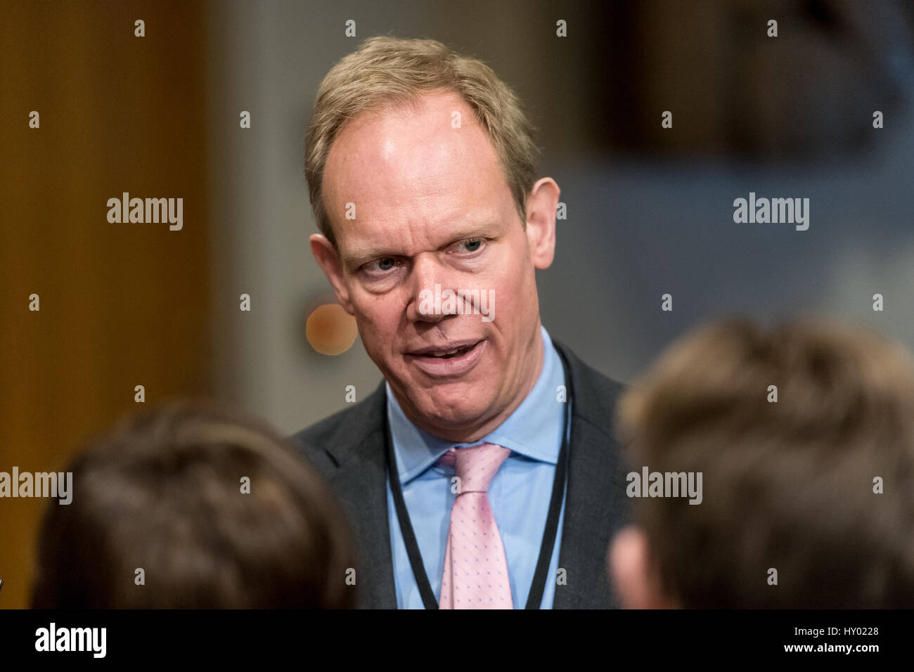 New York, USA. 30th Mar, 2017. Ambassador Matthew Rycroft speaks with ...