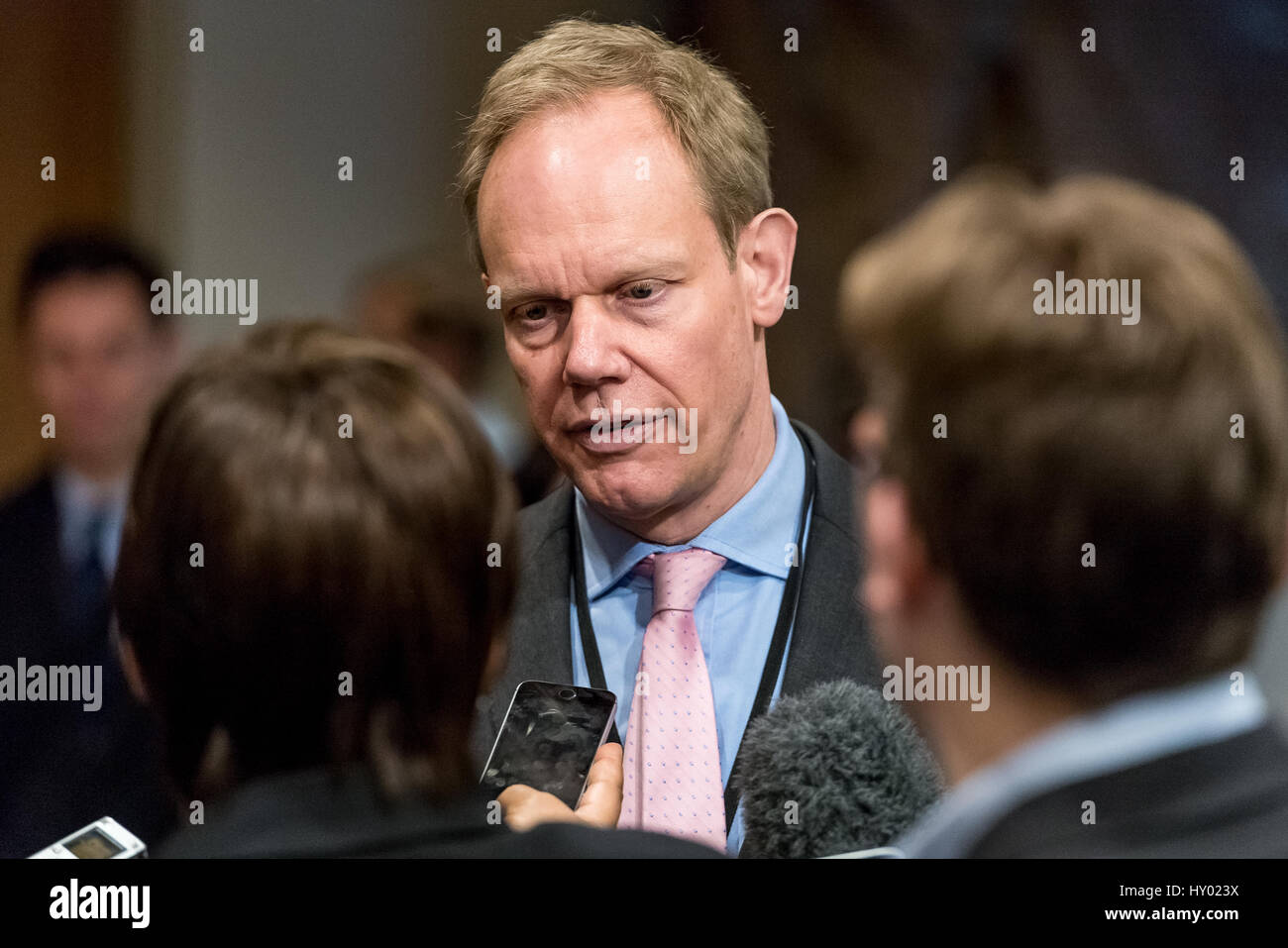 New York, USA. 30th Mar, 2017. Ambassador Matthew Rycroft speaks with ...