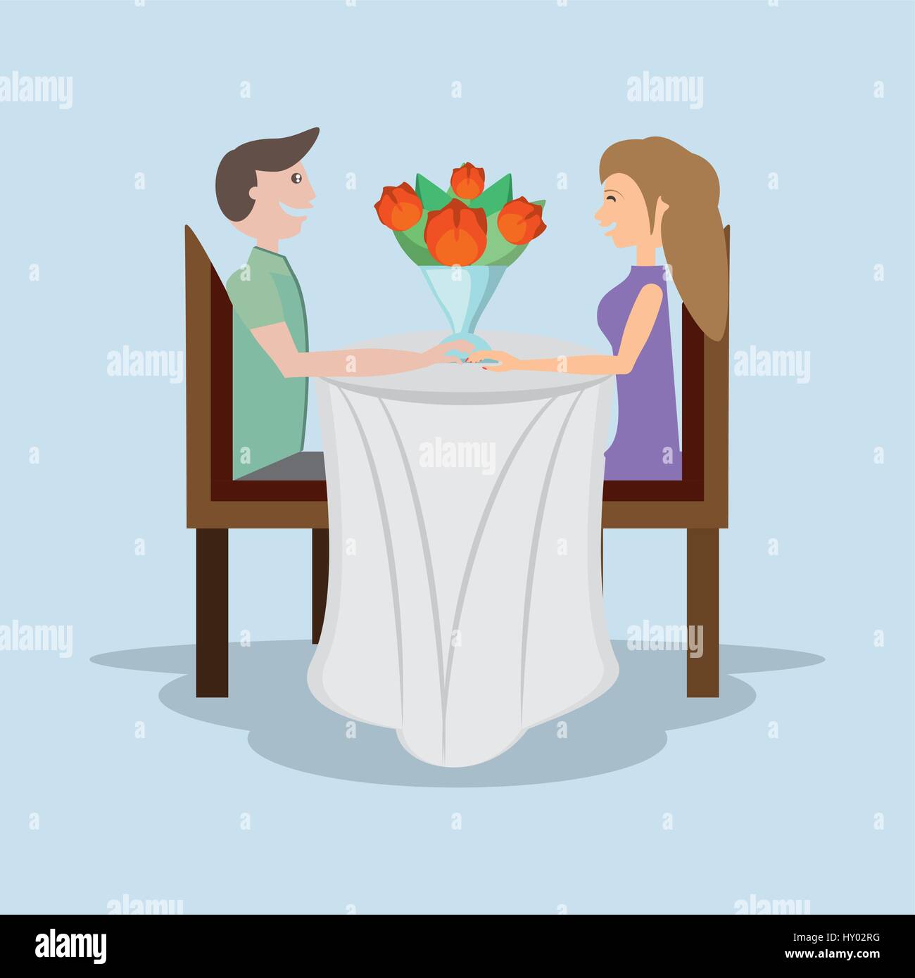romantic couple sitting table with bouquet flowers Stock Vector Image ...