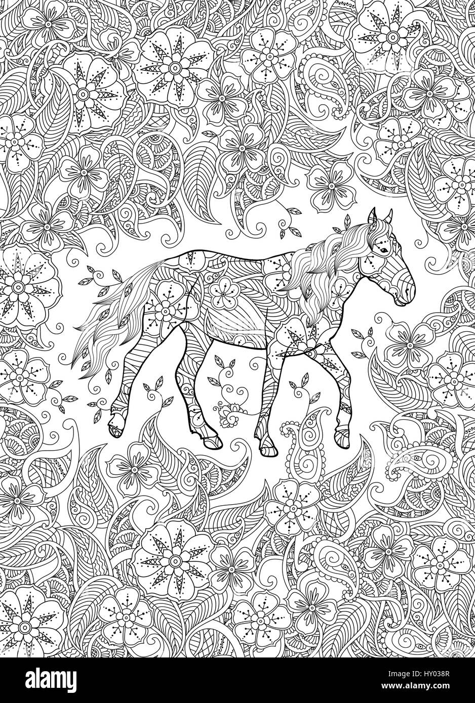Coloring page in zentangle inspired style. Running horse on flowering ...