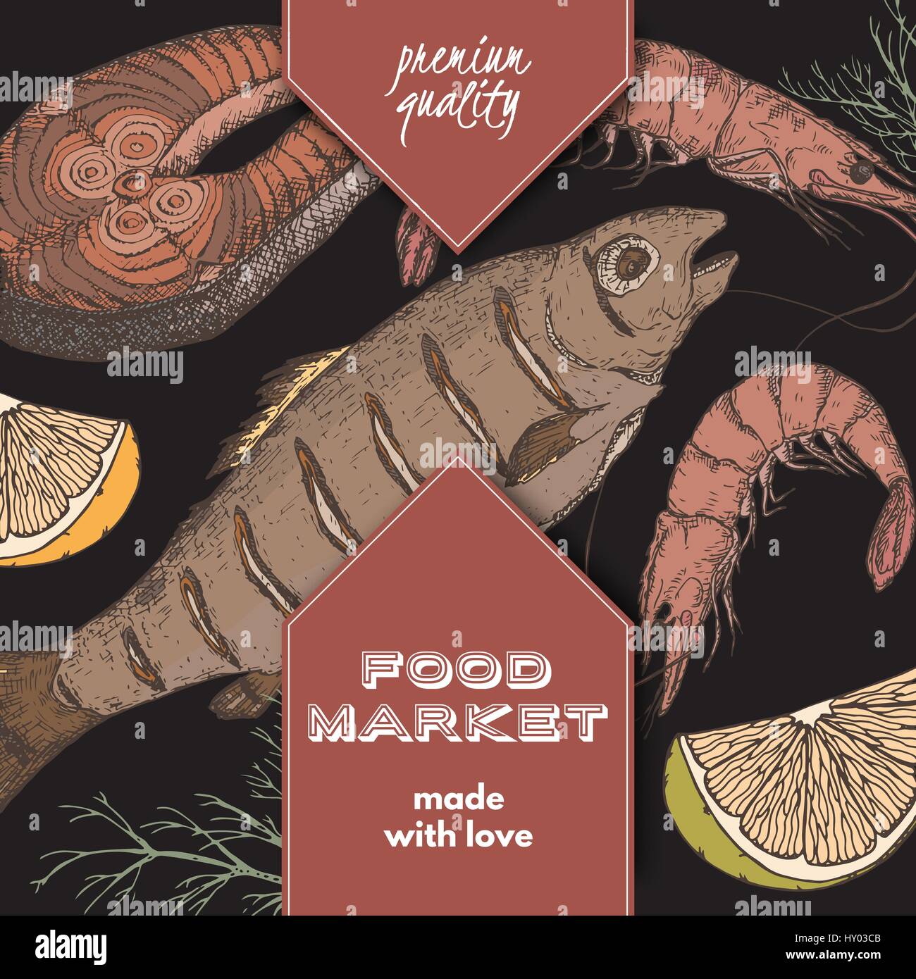 Color food market label with grilled fish, fish steak and shrimps Stock ...