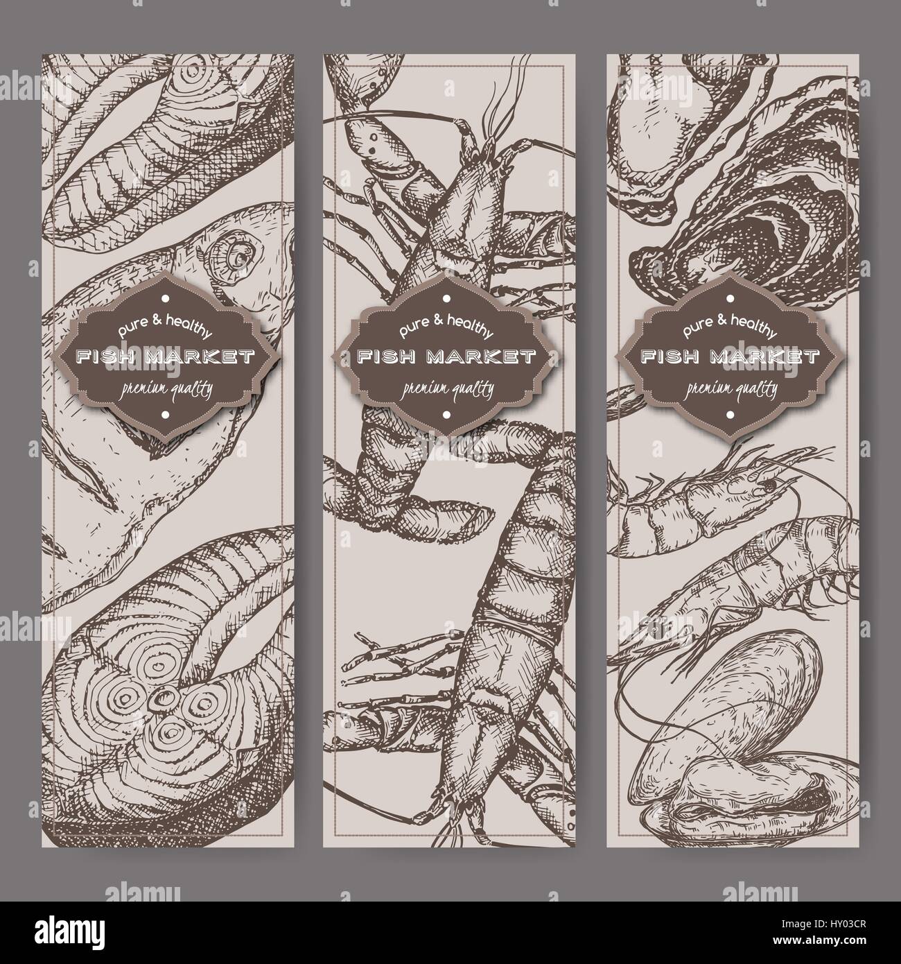 Three vertical banners with fish, shrimps, lobster, oysters vintage ...