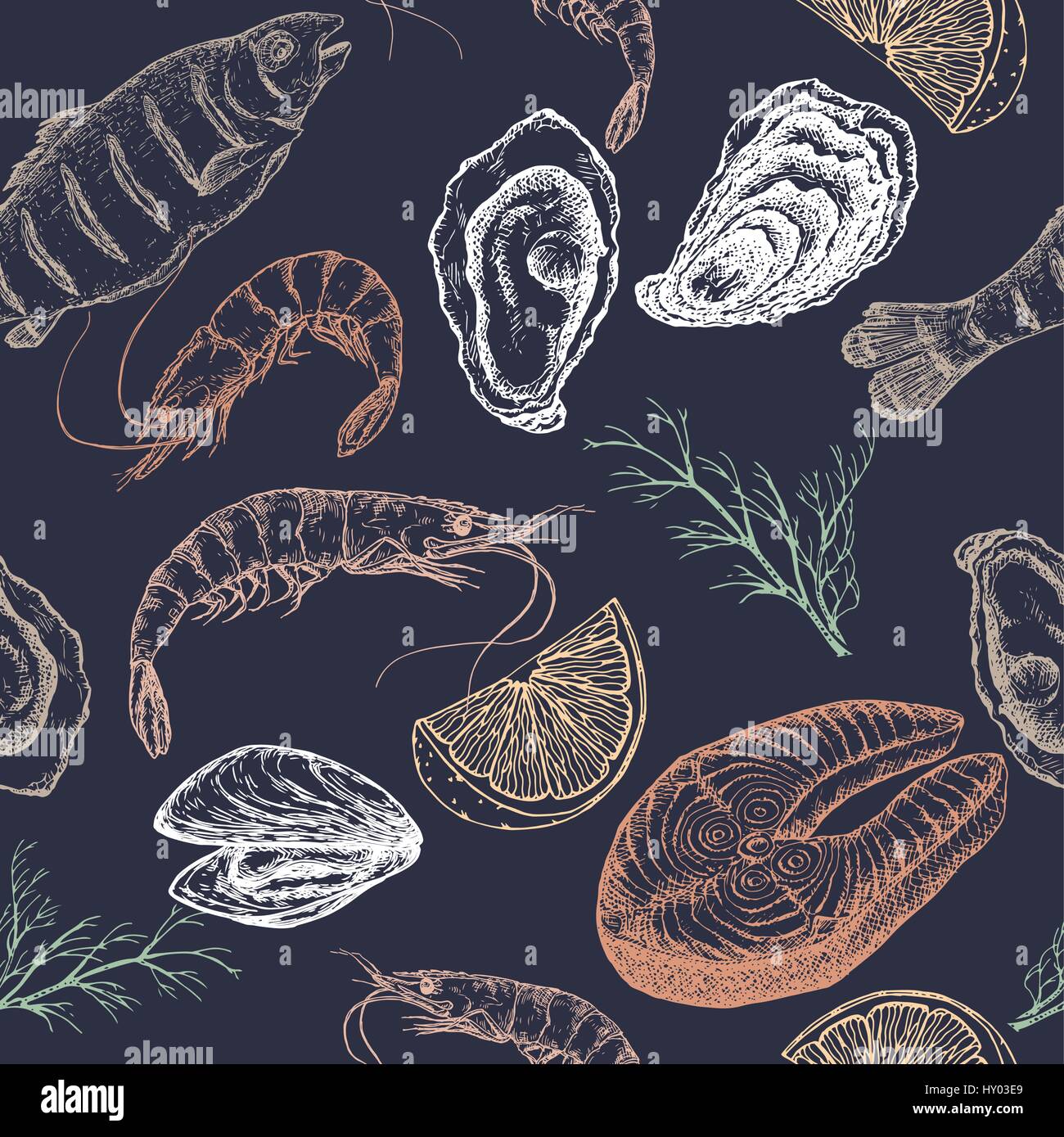 Hand drawn seafood vector seamless pattern on blue Stock Vector Image ...