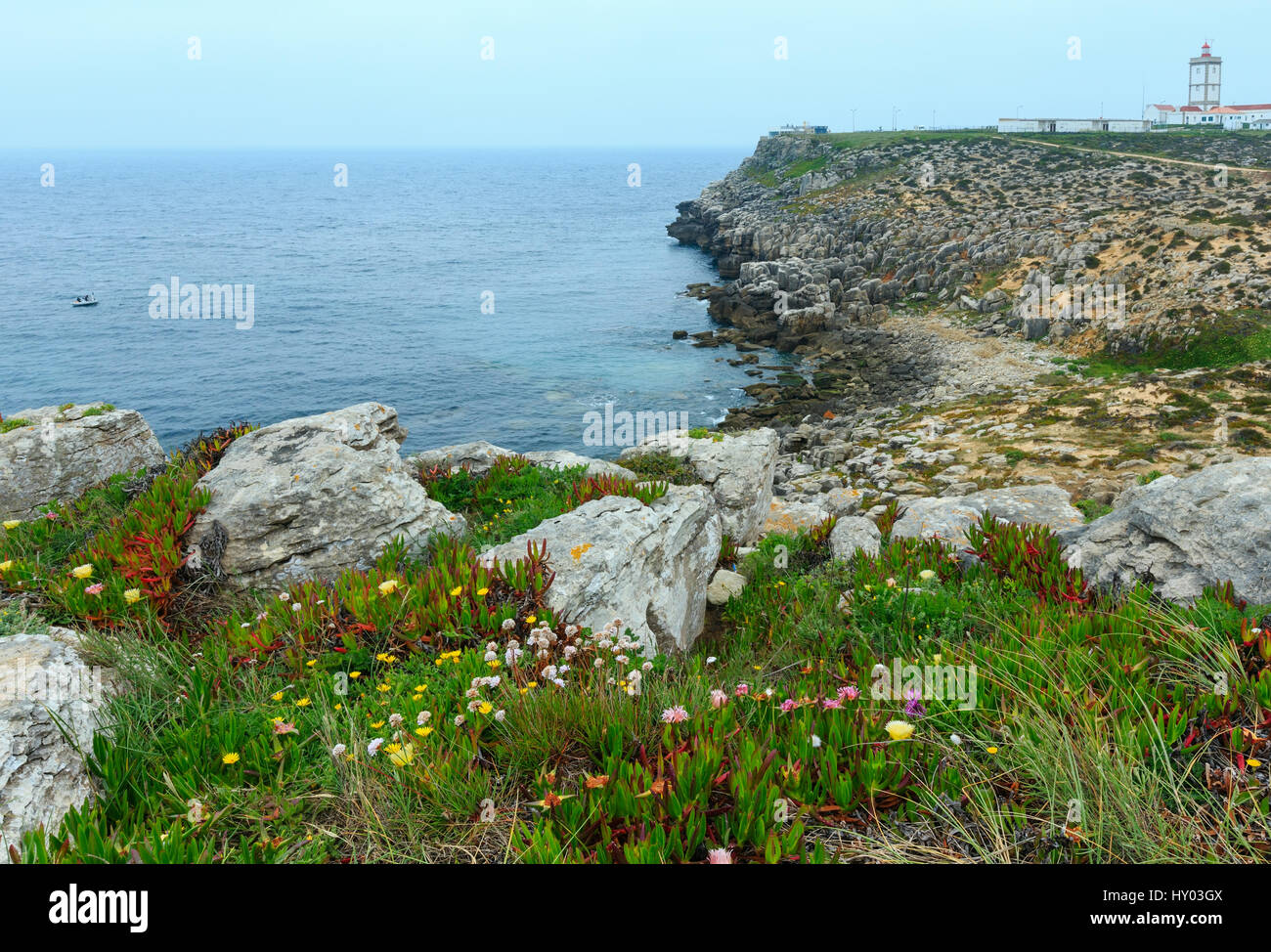 Blossoming spring Atlantic Ocean rocky coast with Lighthouse of Cape ...
