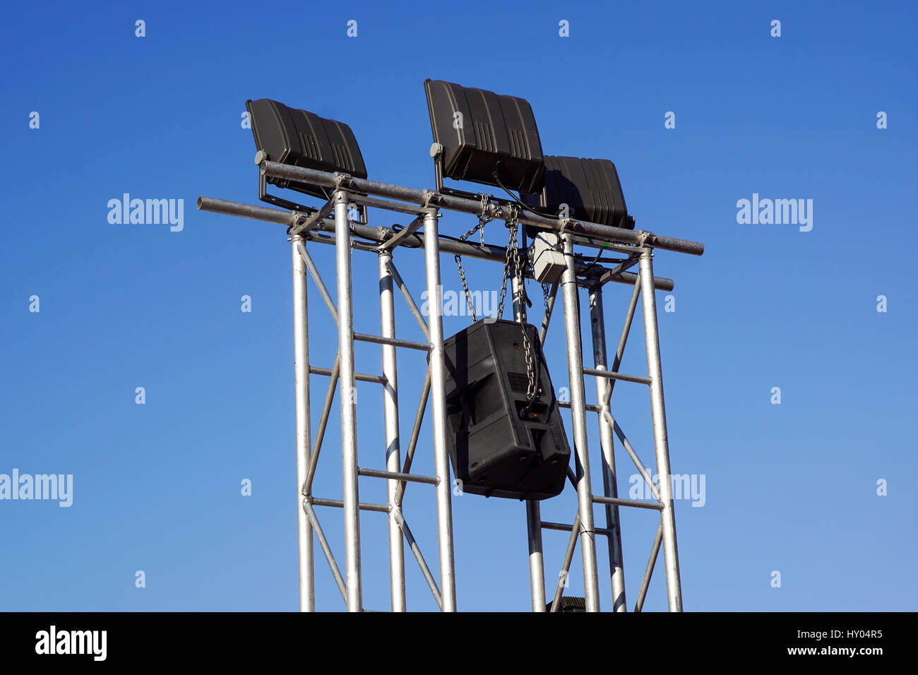 lighting and sound equipment on a stage of a concert Stock Photo - Alamy