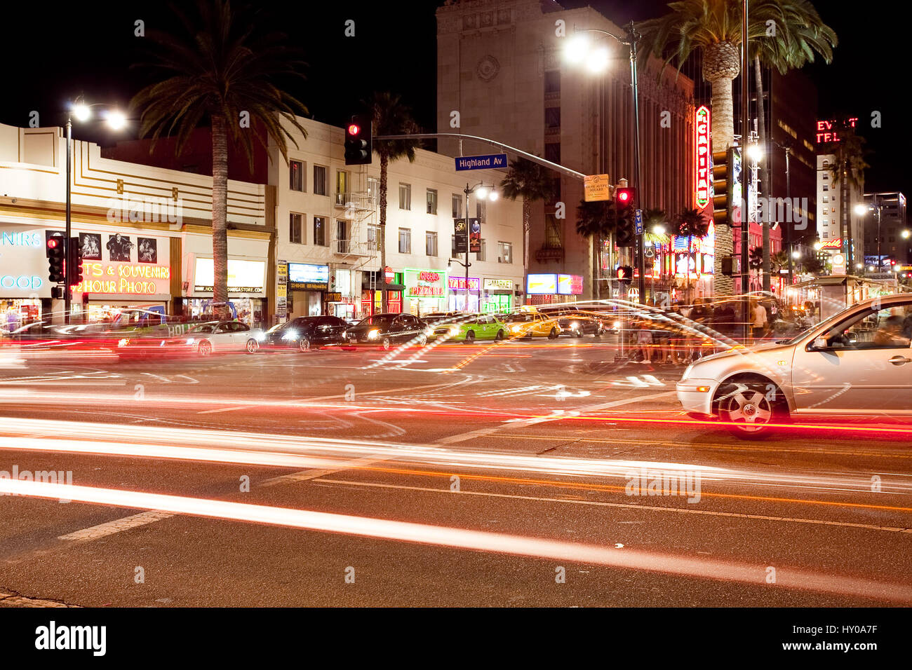 Busy corner of Hollywood and Highland Boulevards on a Friday night in ...