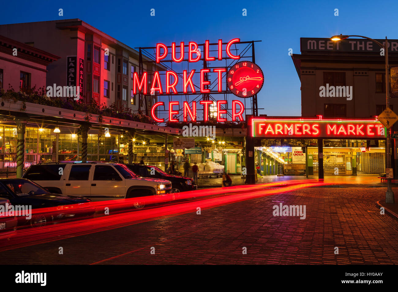 Pike Place Market at night in Seattle, Washington. Stock photo of the ...