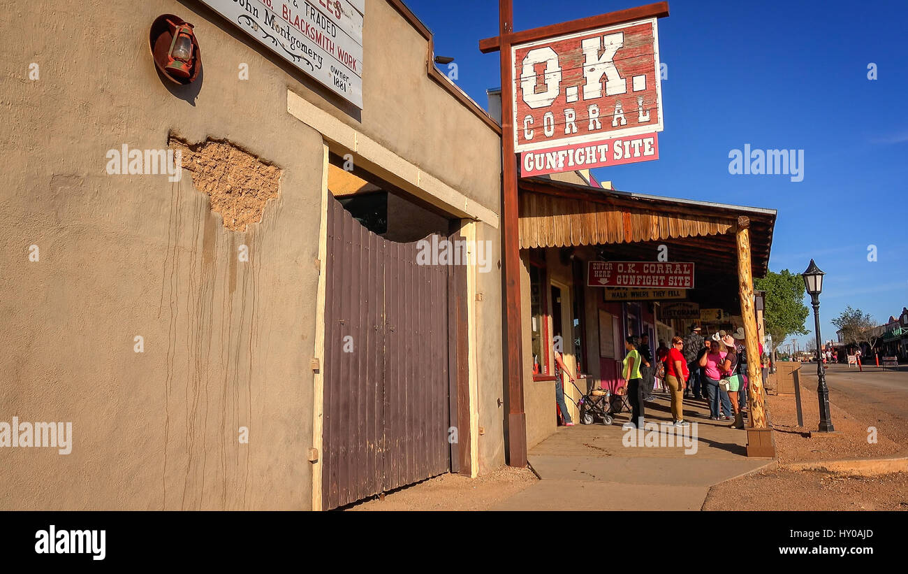 Famous OK Corral sign in the historic wild west town of Tombstone ...