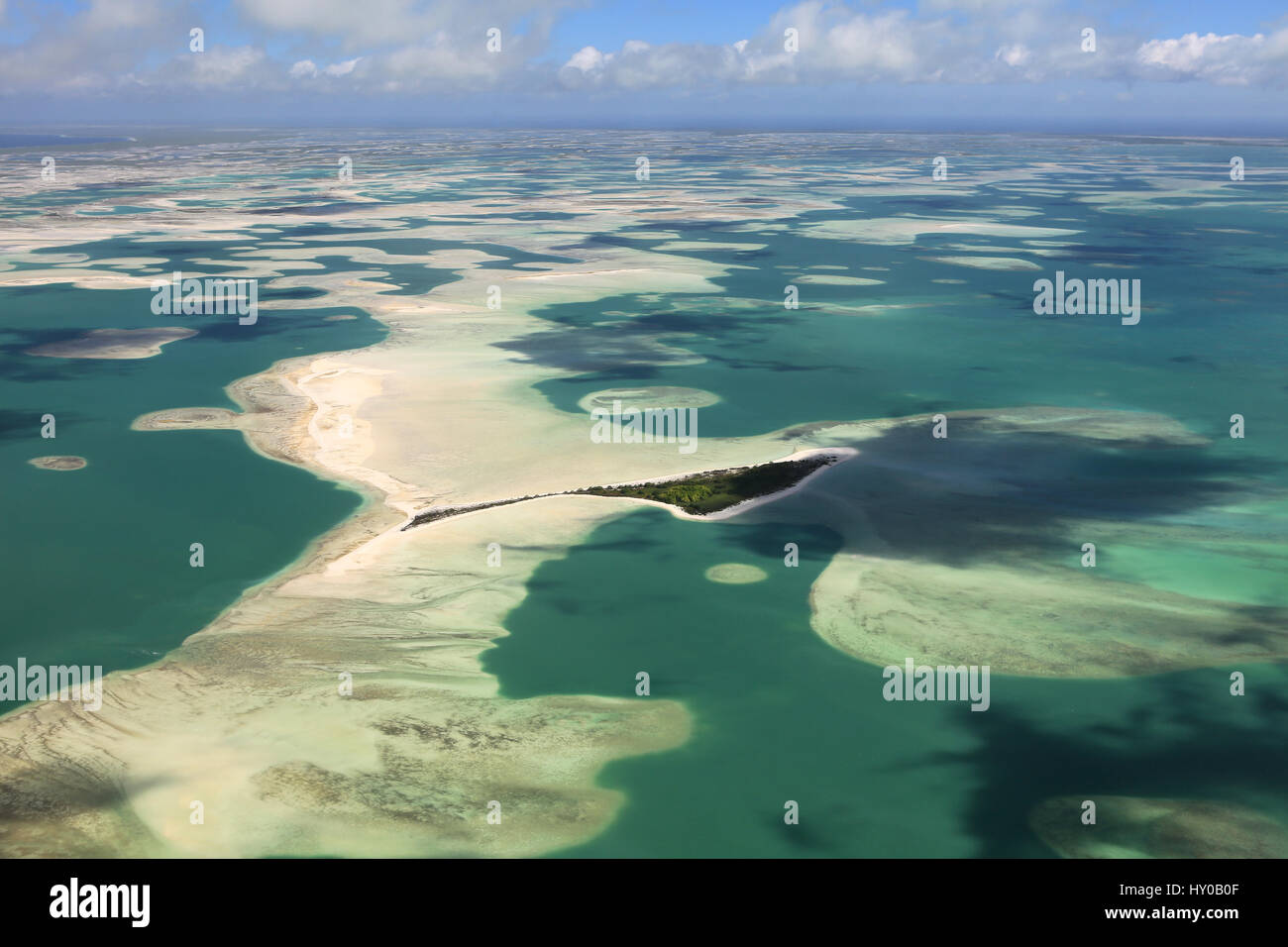 Aerial view of Motu Tabu Islet in the lagoon of Christmas Island ...