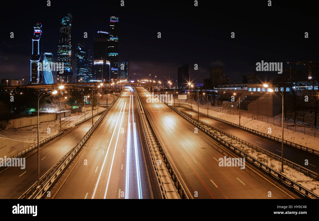Night highway and the moscow-city in background, moscow, russia Stock ...