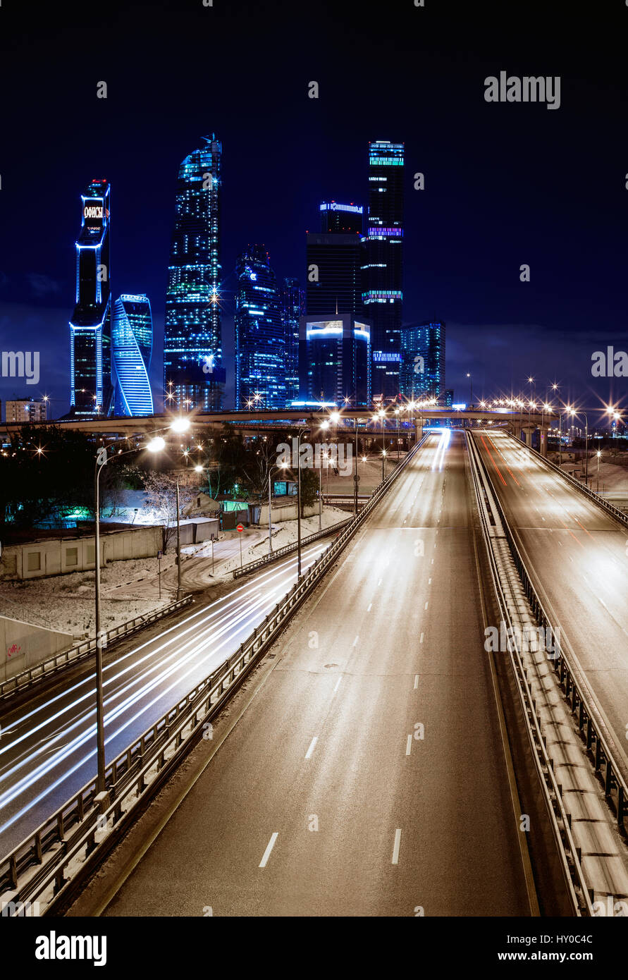 Night highway and the moscow-city in background, moscow, russia Stock ...