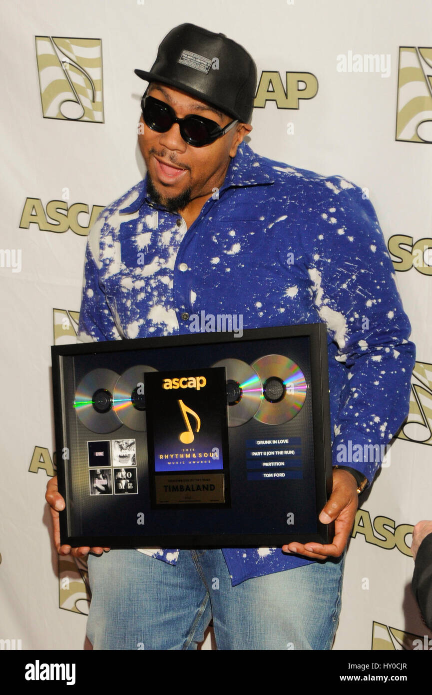 Producer Timbaland holds his plaque at the ASCAP Rhythm and Soul Awards ...