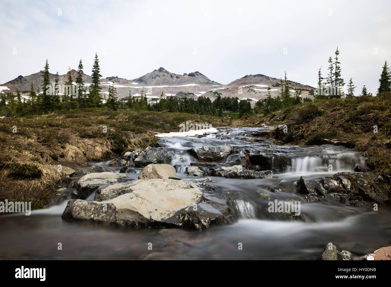 Small rocky stream runs through a meadow below large rocky peaks in the ...