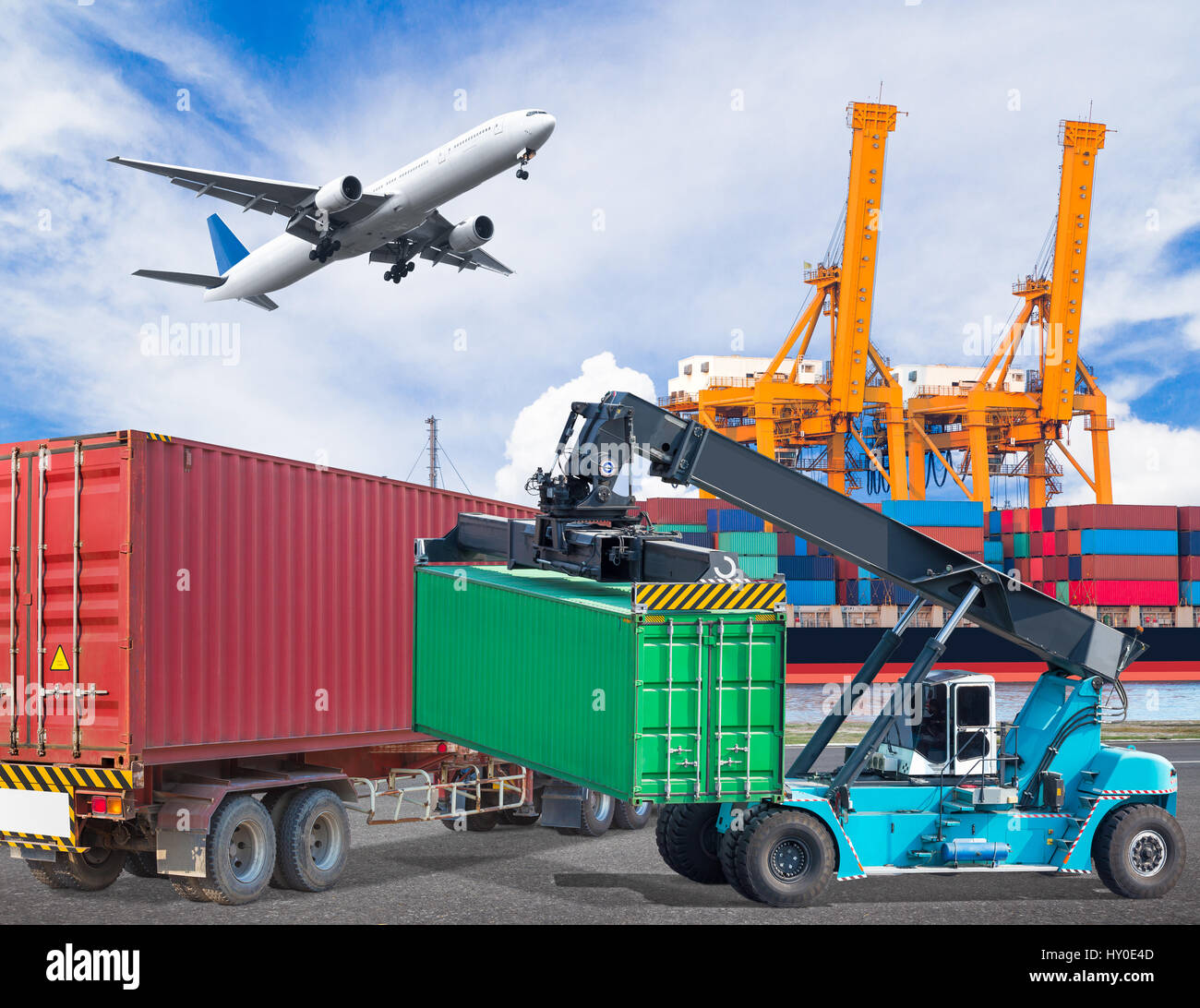 Truck transport container with crane lifting and cago plane flying ...