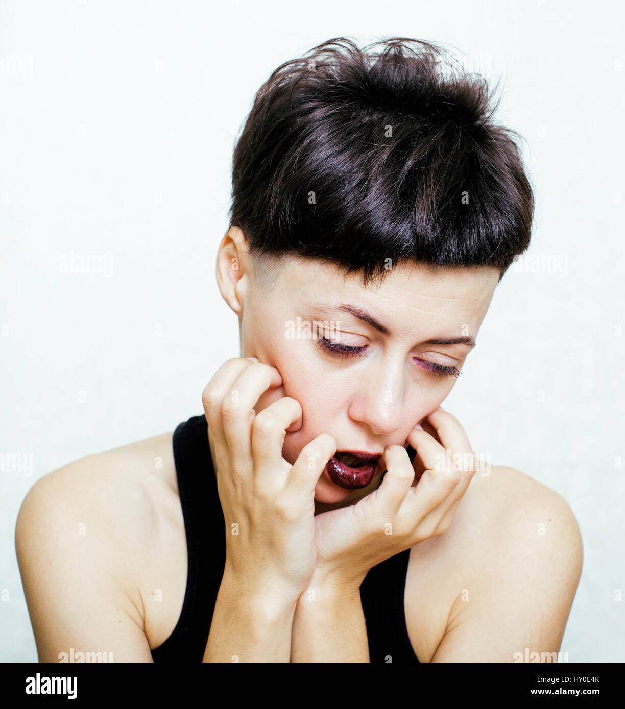 portrait of young girl teenage looking bad like junkie isolated on ...