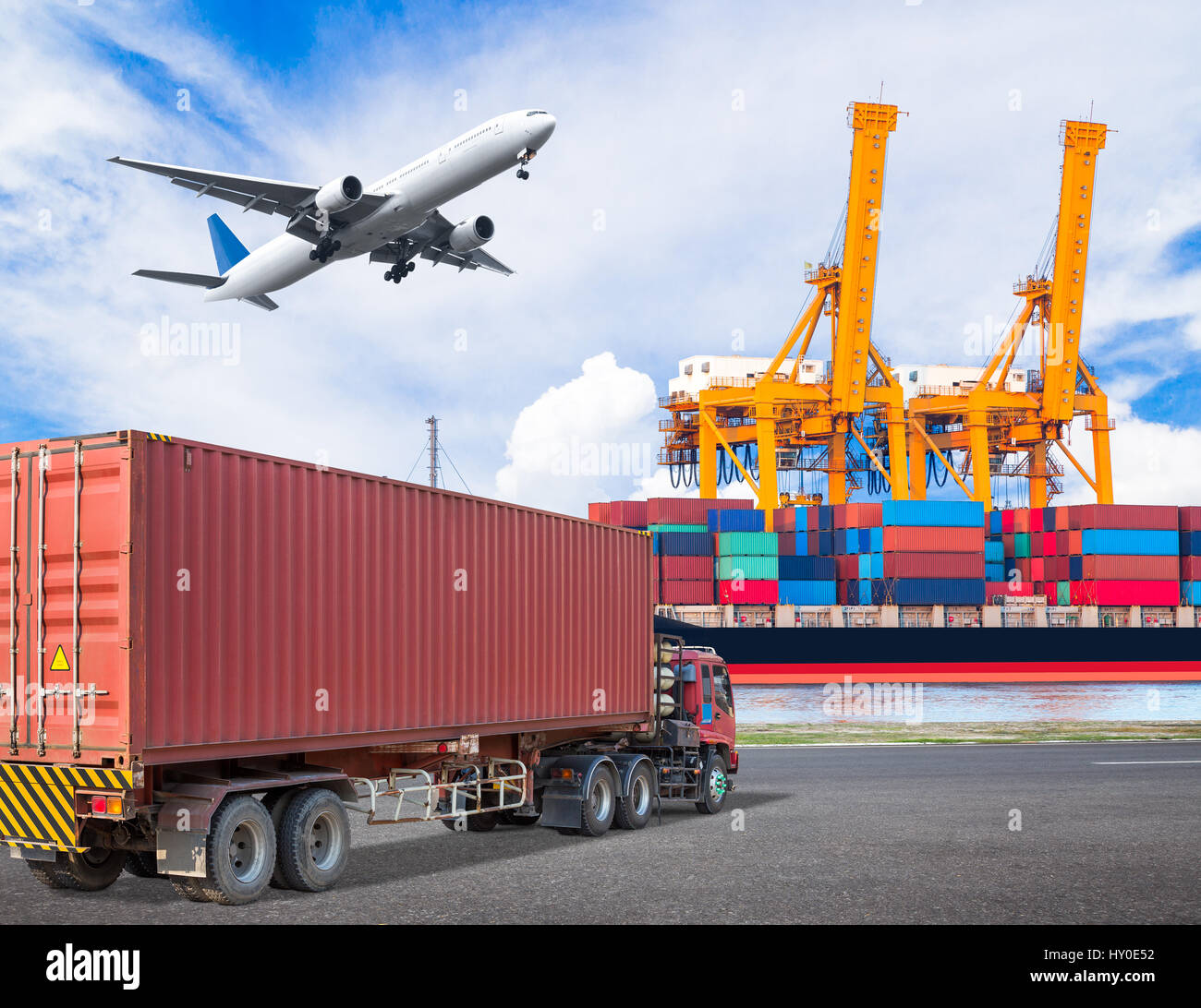 Truck transport container and cago plane flying above ship port with ...