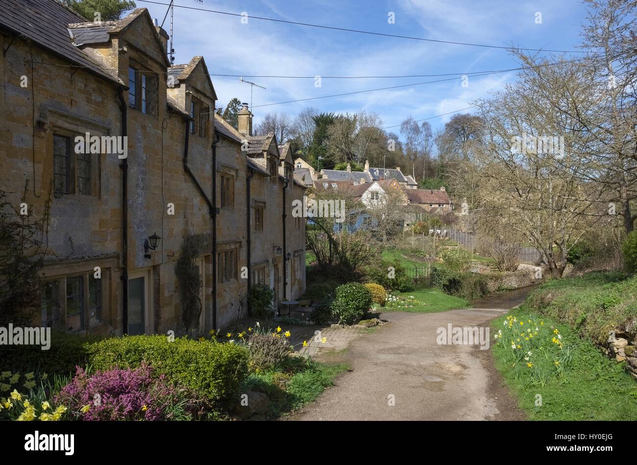 Cotswold cottages at springtime, Blockley, Gloucestershire, England ...
