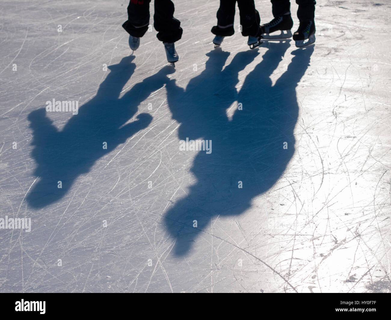 Silhouettes and shadows of three ice skaters on ice rink Stock Photo ...