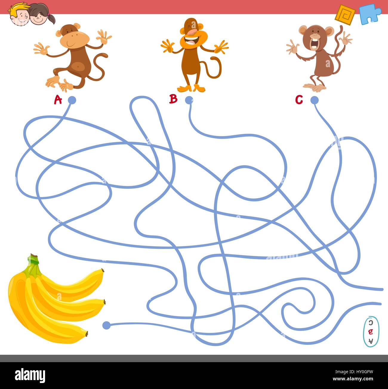 Cartoon Illustration of Paths or Maze Puzzle Activity Game with Monkey ...