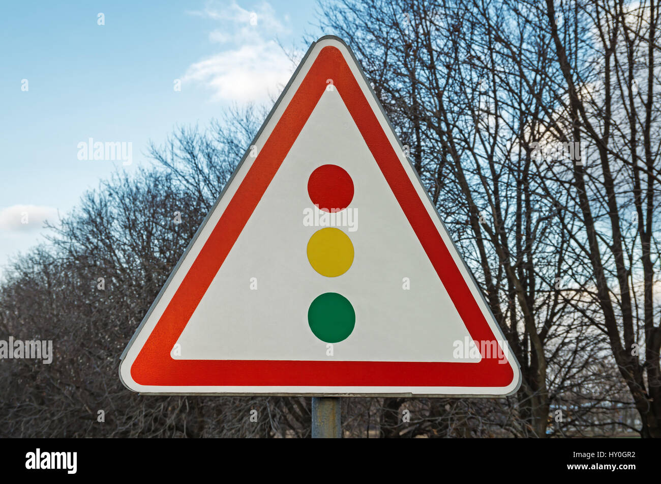 Road sign warning about traffic light regulation of the European ...