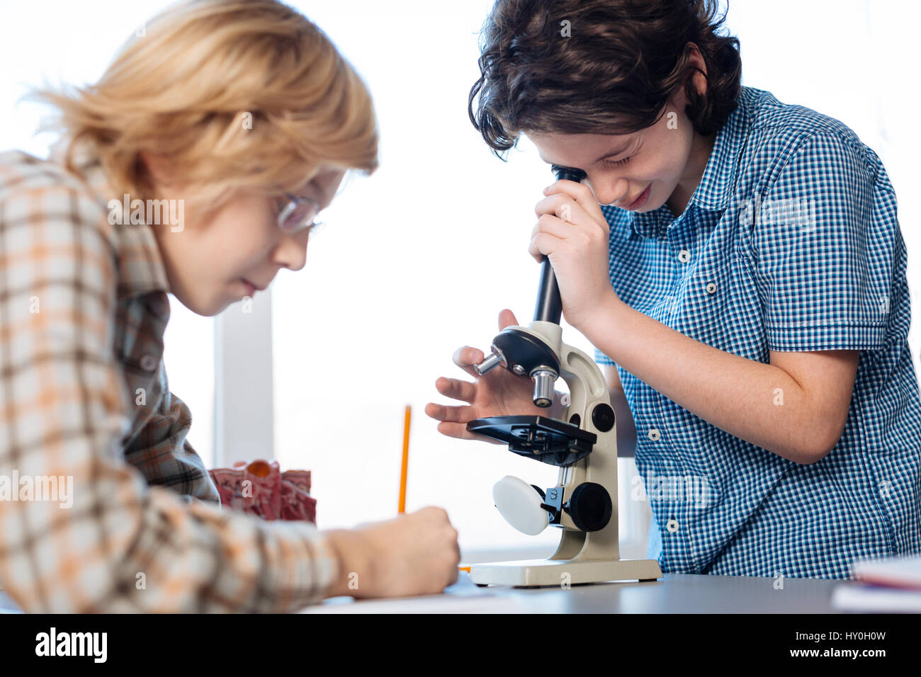 Curious future scientists exploring micro worlds Stock Photo - Alamy