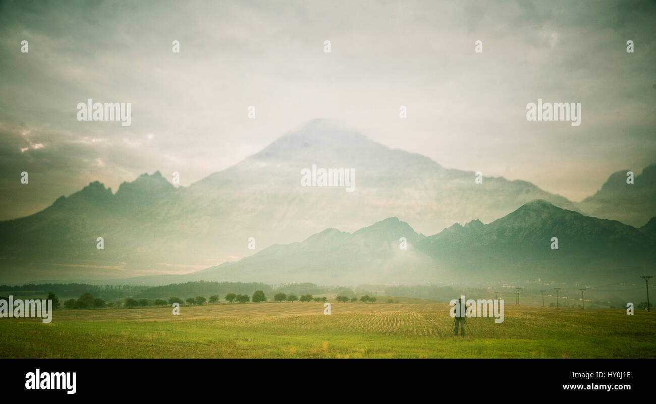 A beautiful, colorful, abstract mountain landscape with a hot summer ...