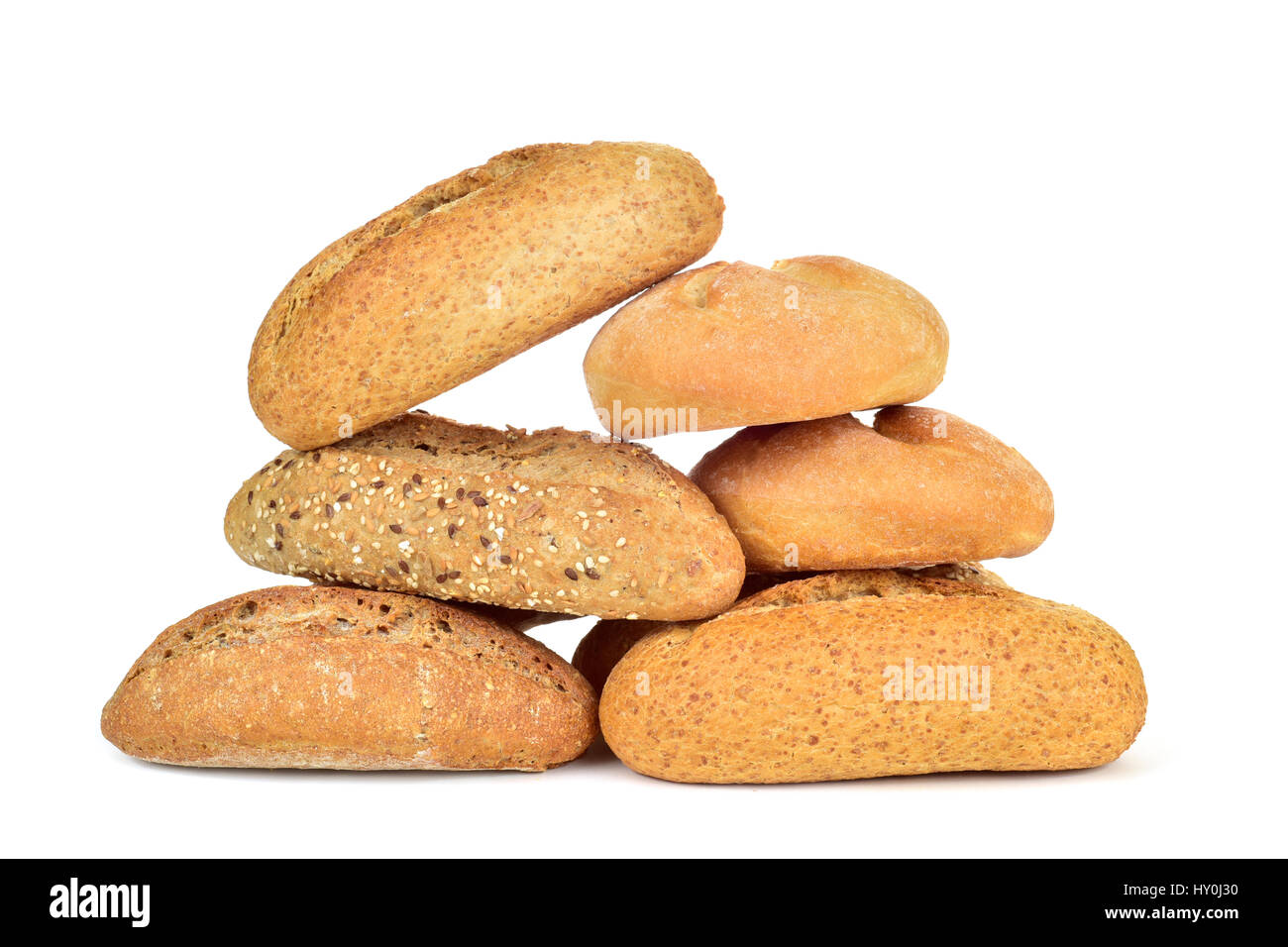 an assortment of different bread rolls on a white background Stock ...
