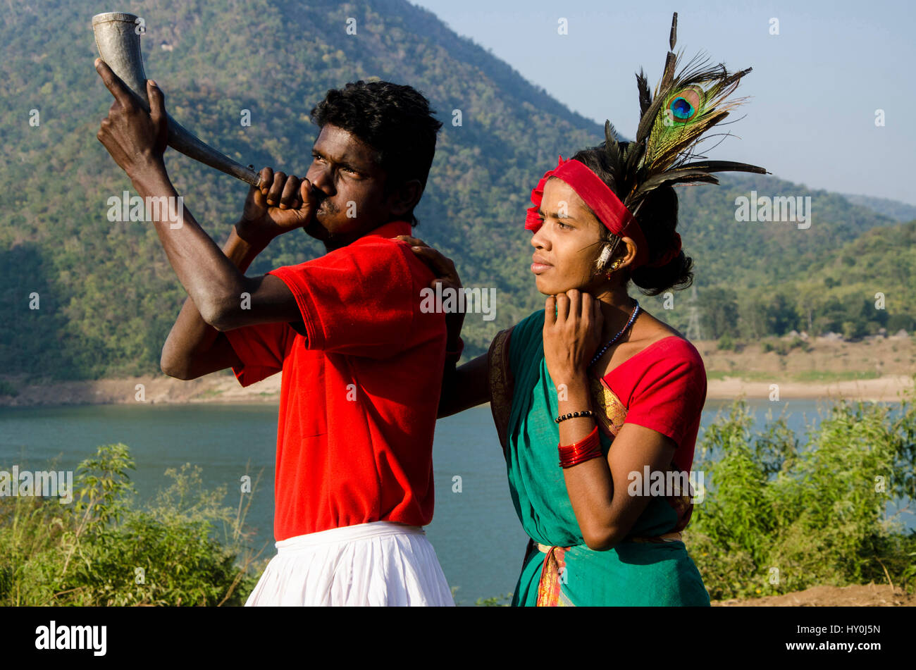 Tribal man blowing horn, papikondalu, andhra pradesh, india, asia Stock ...