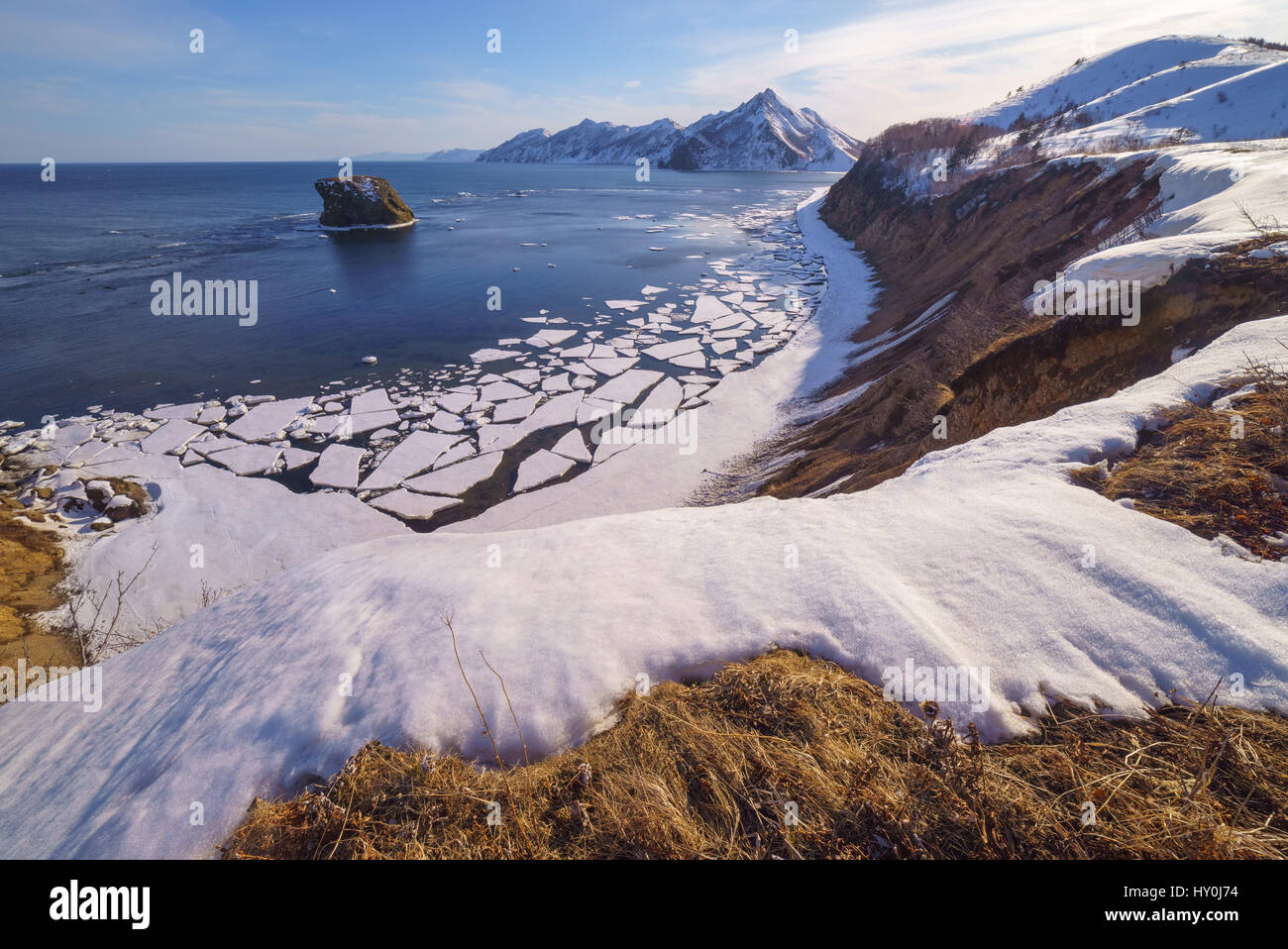 View to the cove with ice in the spring, Sakhalin Island, Russia Stock ...