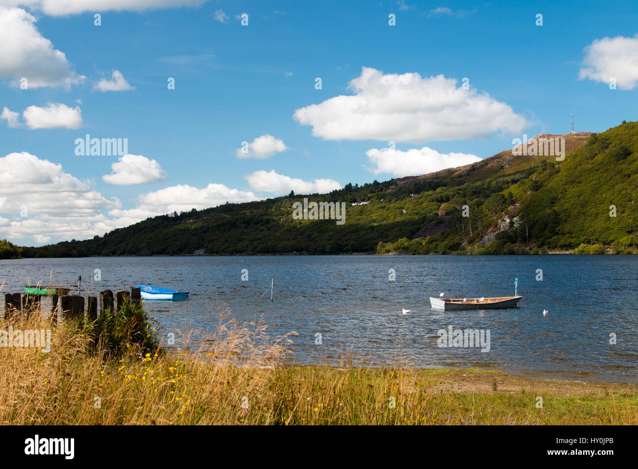 The view out across Llanberis Lake (Llyn Padarn), at the foot of Mount ...