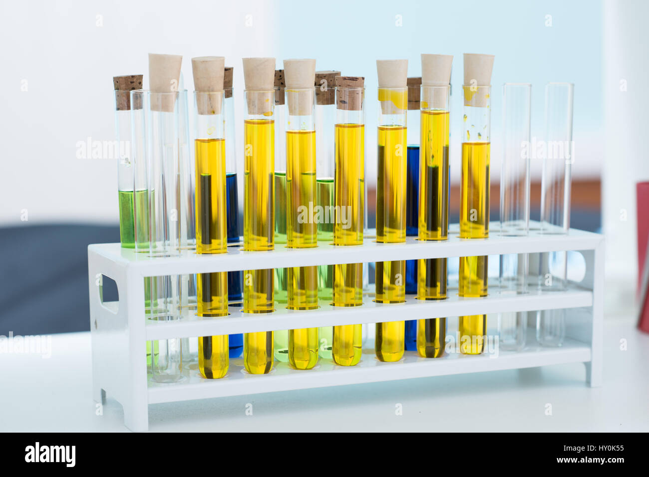 Close-up view of test tubes with colorful chemical samples in lab Stock ...
