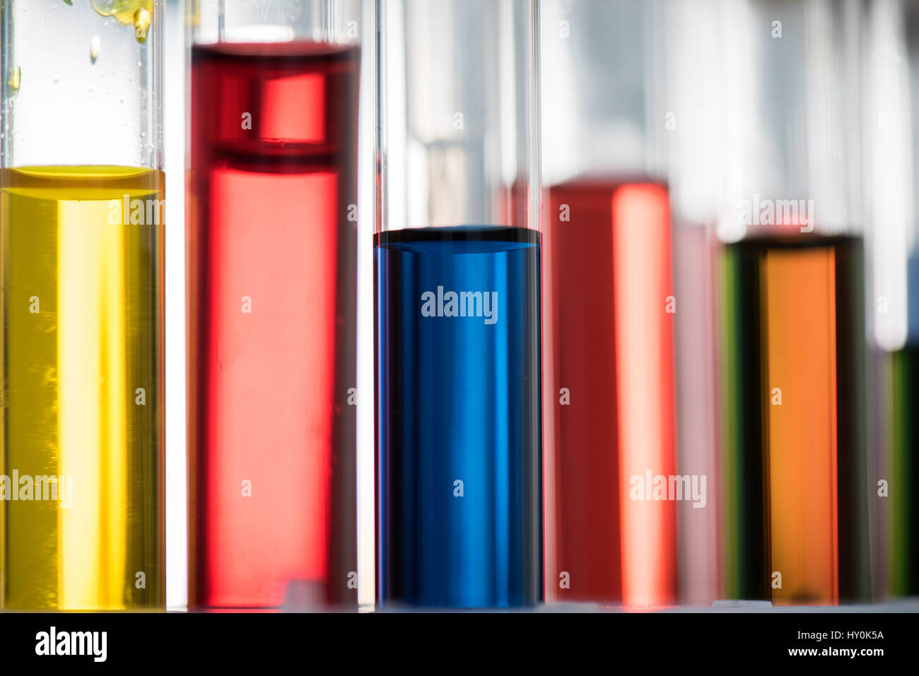 Close-up view of test tubes with colorful chemical samples in lab Stock ...