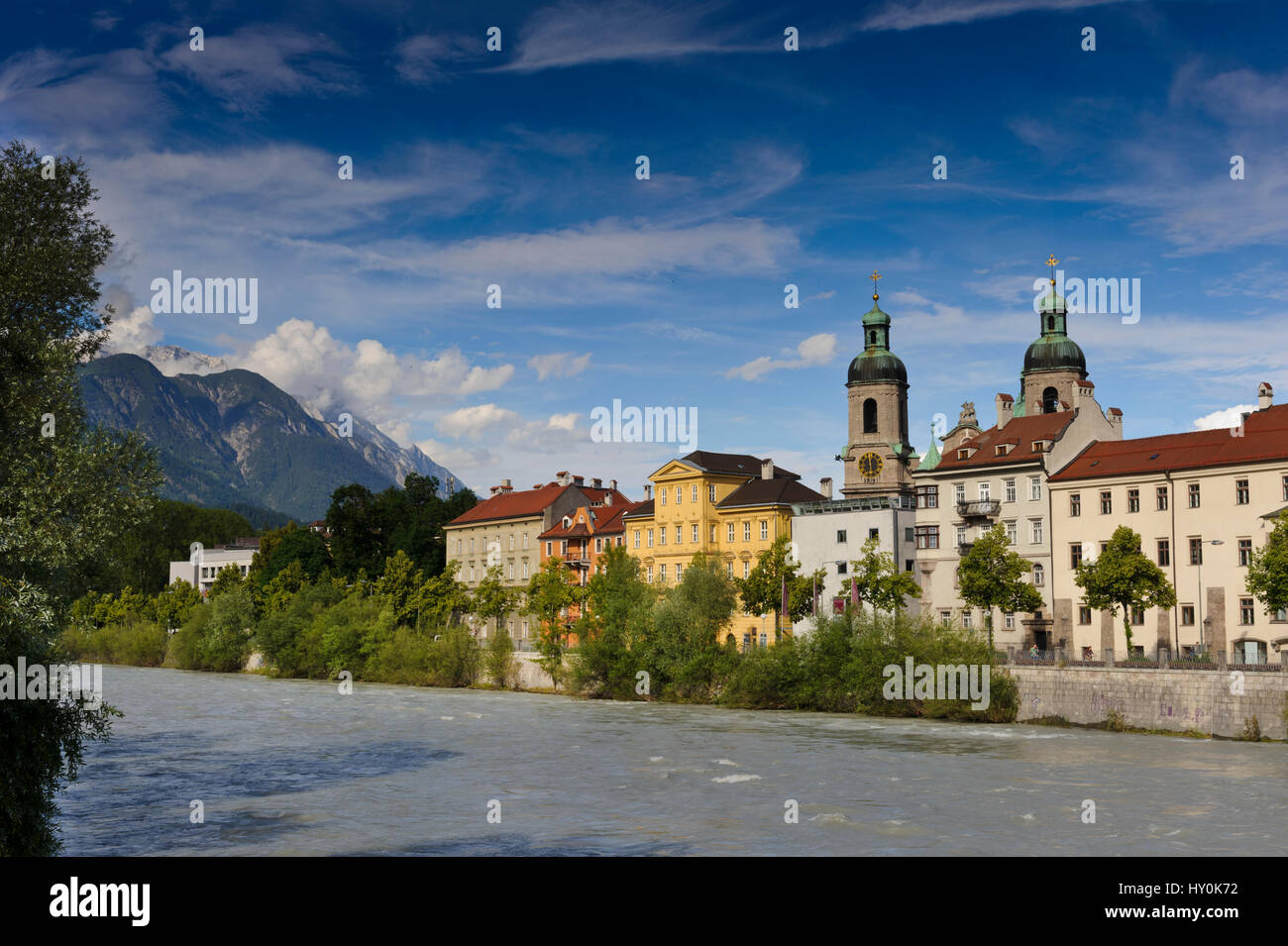 A panoramic view of the mountains, the river and a funicular bridge in ...