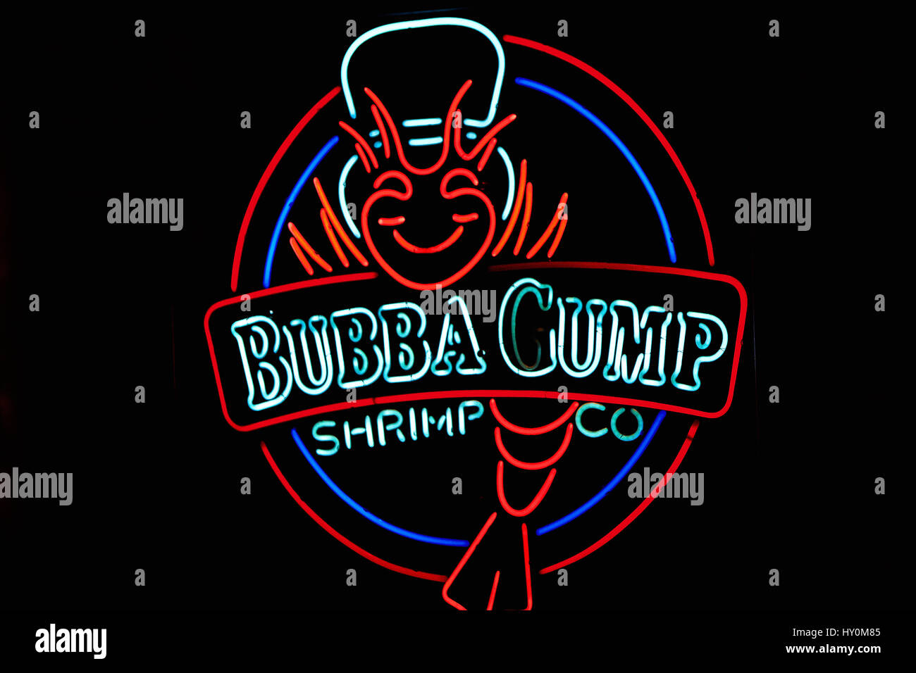 A neon sign advertising the Bubba Gump Shrimp Co restaurant in London ...