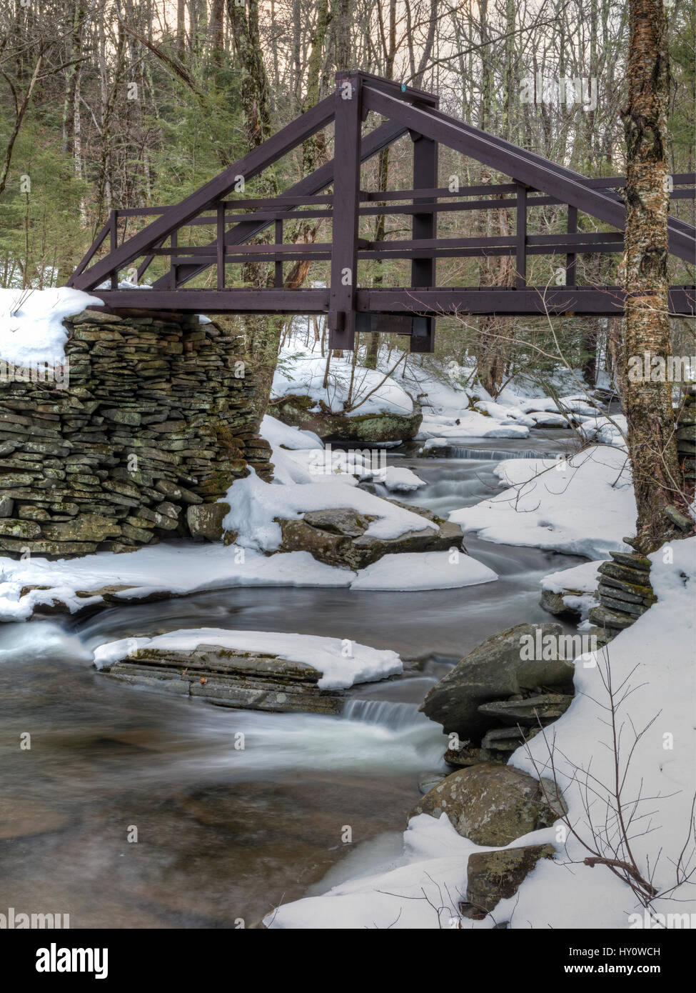 Snow-lined Plattekill Creek snakes under Overlook Bridge Platte Clove ...