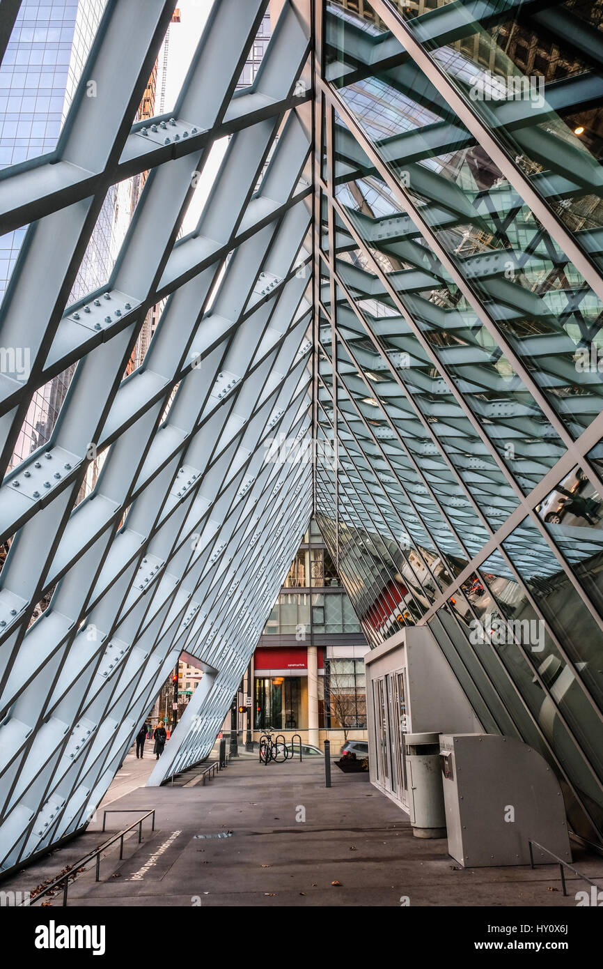 The narrow tunnel like diagonal blue metal grid outside Seattle Central ...