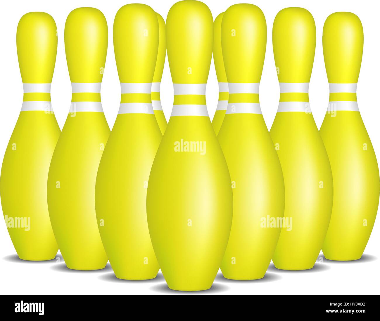 Bowling pins in yellow design with white stripes standing in formation ...