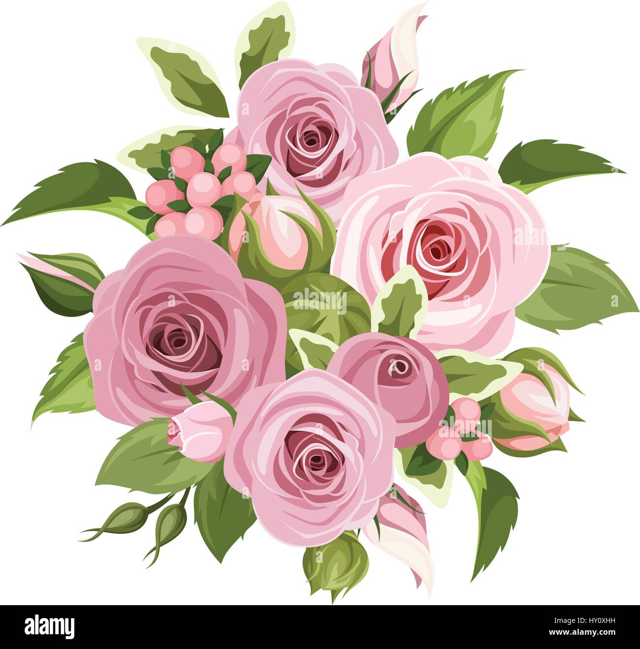 Vector Bouquet Of Pink Roses Buds And Green Leaves Isolated On A White