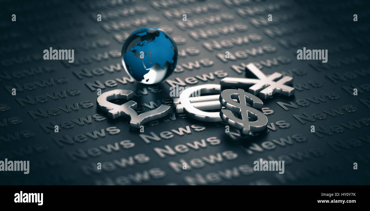Main currencies symbols and glass globe over a dark background where it ...