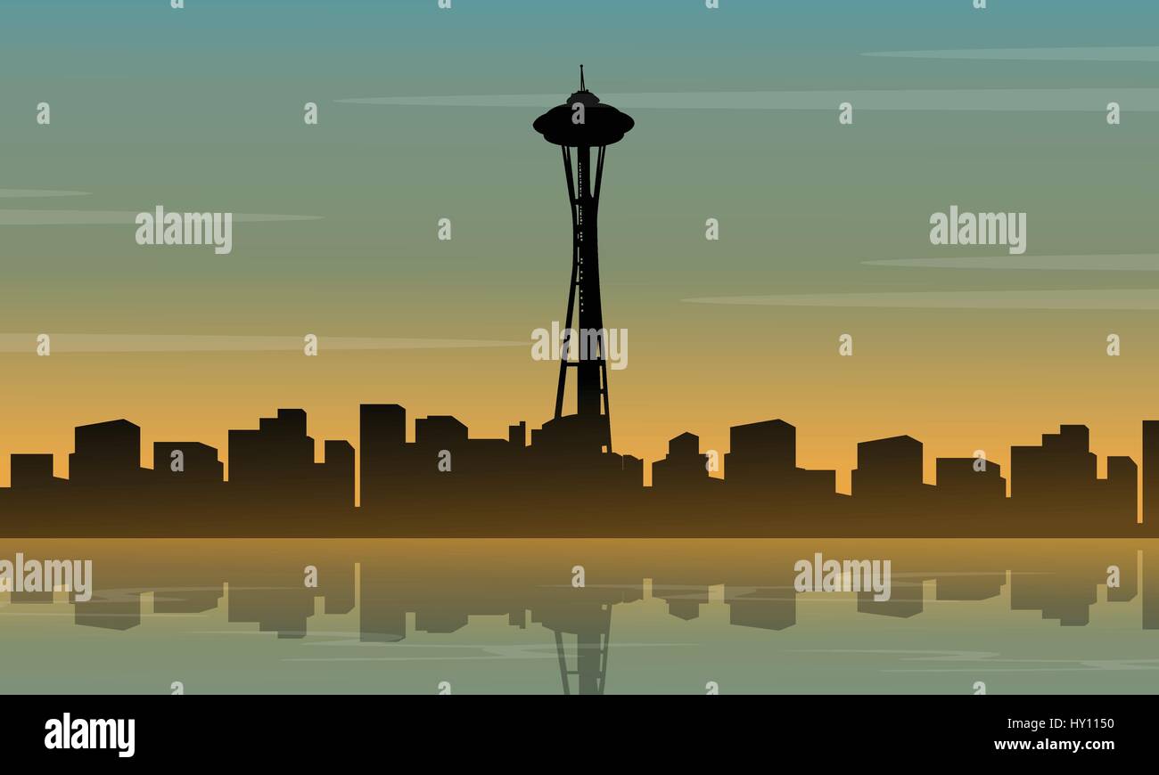 Landscape of seattle space needle tower silhouette vector art Stock ...